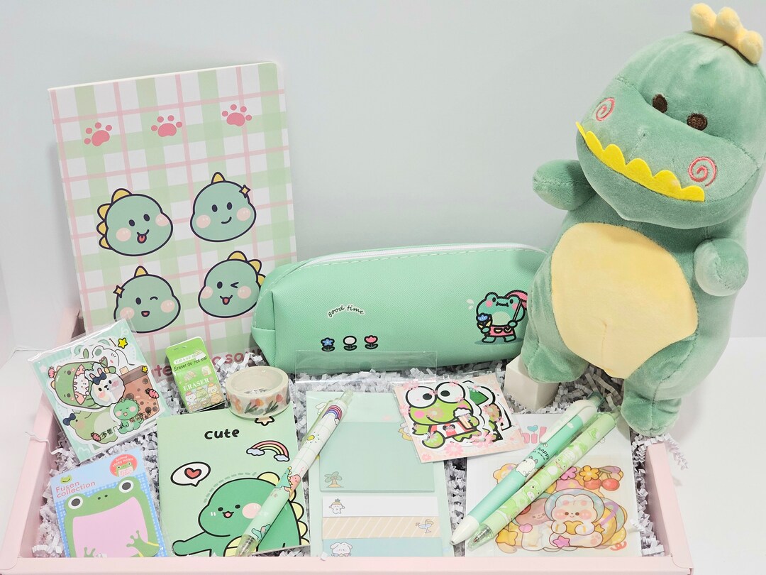 Kawaii Dinosaur and Frog Stationery Box Bundle/ Cute Green Stationery/ Kids Stationary Notebook ...