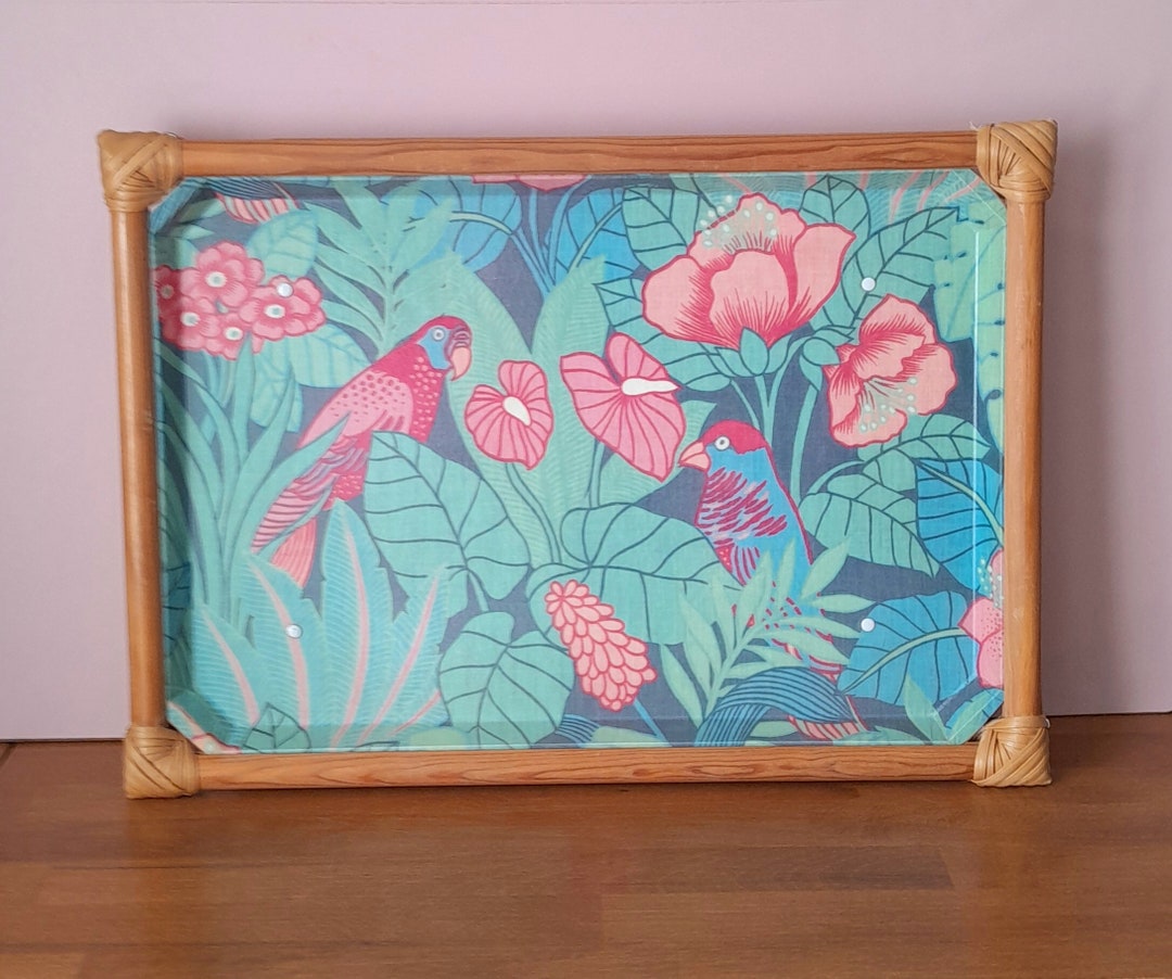 Vintage 80s Alpac France Side Tray in Fiberglass and Bamboo Rattan Tropical Jungle Decor Birds ...