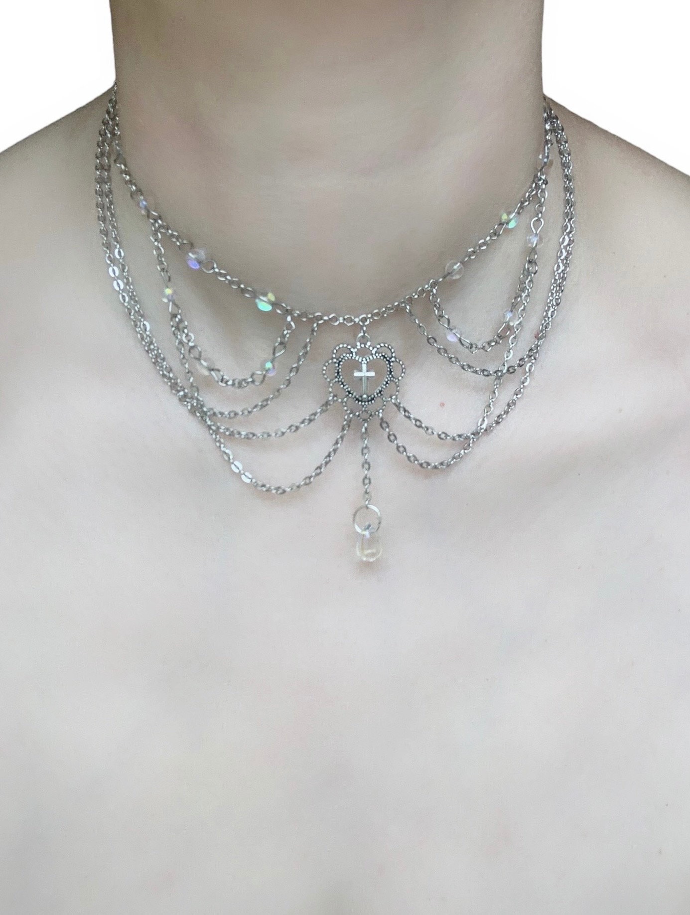 Silver Draped Chain Necklace With Iridescent Glass Beads a - Etsy