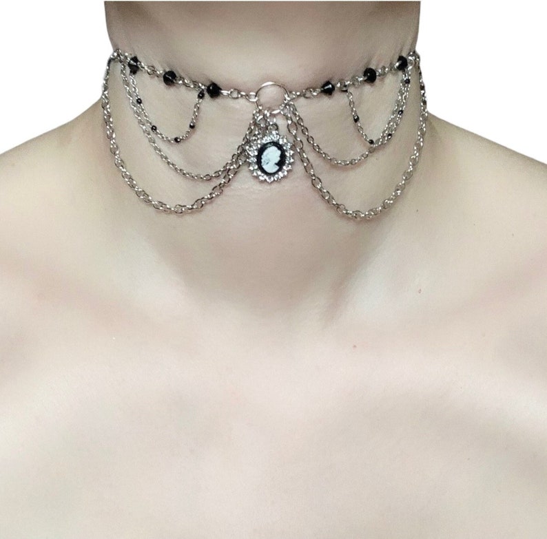 Silver Chained Draped Choker With Acrylic Beads, Seed Beads and a ...