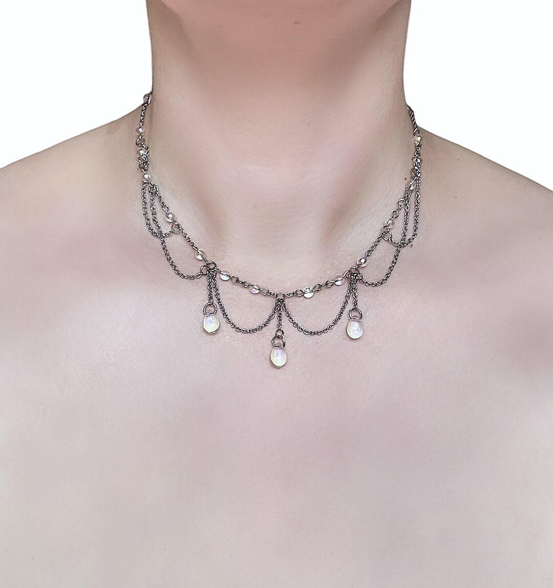 Ethereal Draped Chain Necklace With AB Glass Beads and Glass Teardrops ...