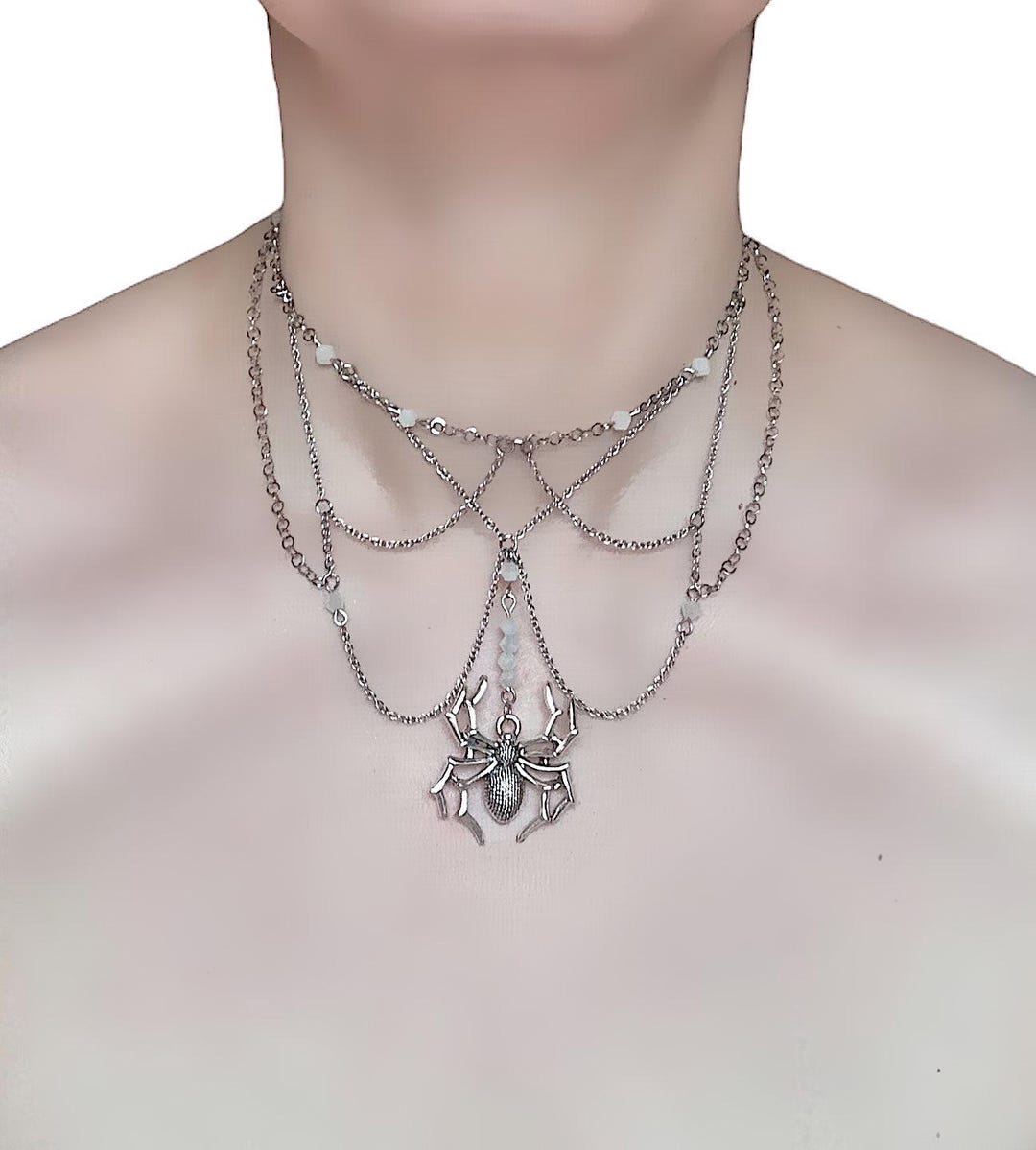 Spider Necklace With Draped Silver Chain and White Jade Glass Beads - Etsy