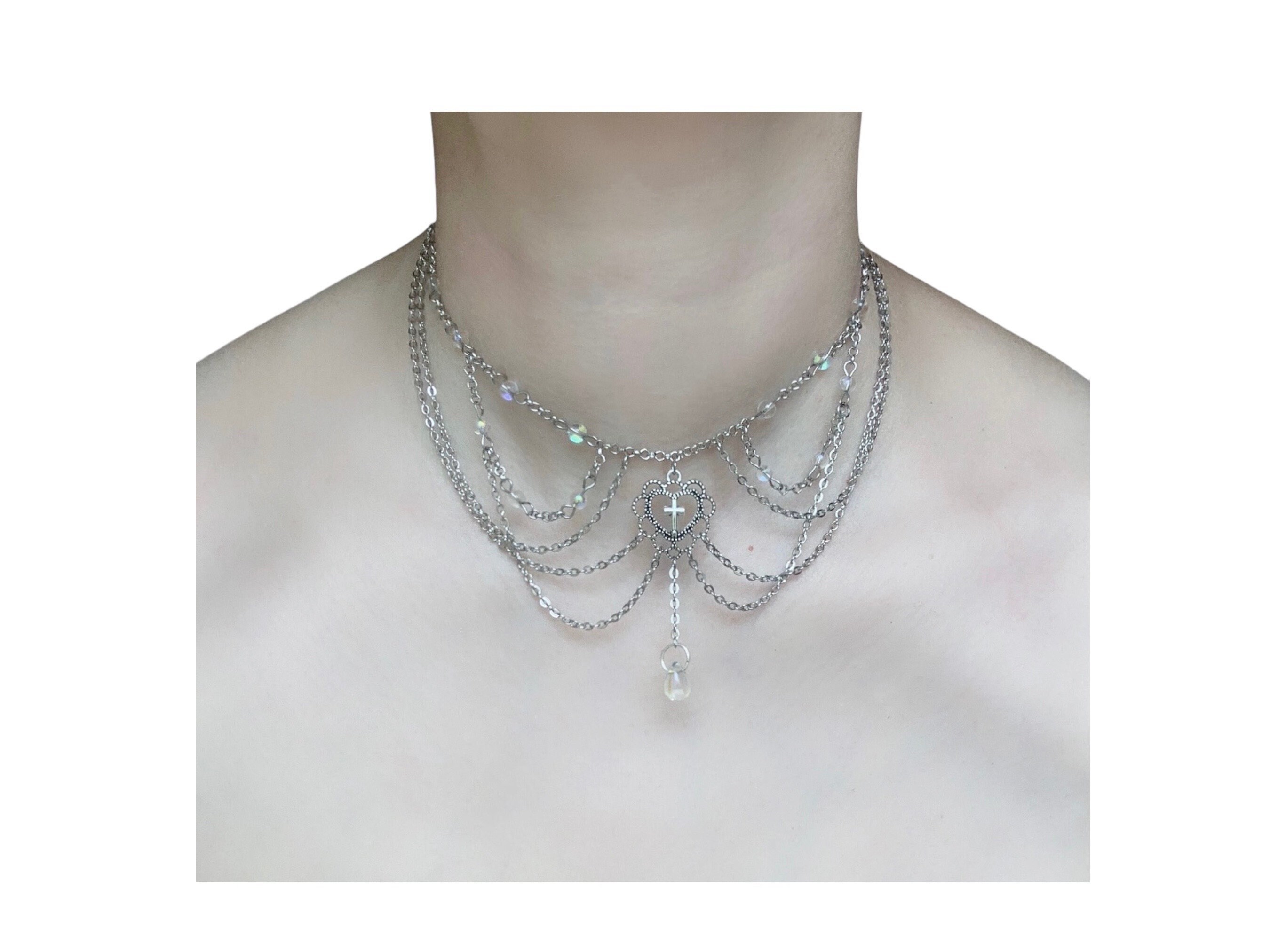 Silver Draped Chain Necklace With Iridescent Glass Beads a - Etsy