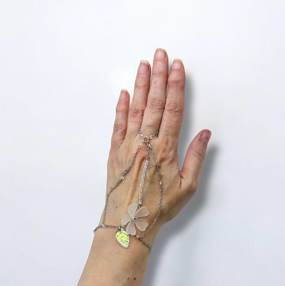 Floral and Leaf Hand Chain With Iridescent Glass Beads - Etsy
