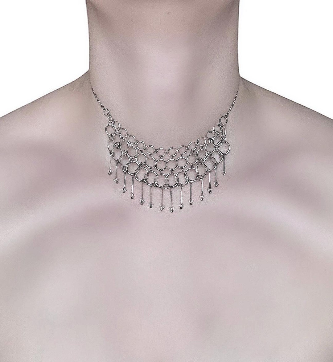 Draped Silver Chain Mail Necklace With Glass Beads and Silver O Rings ...