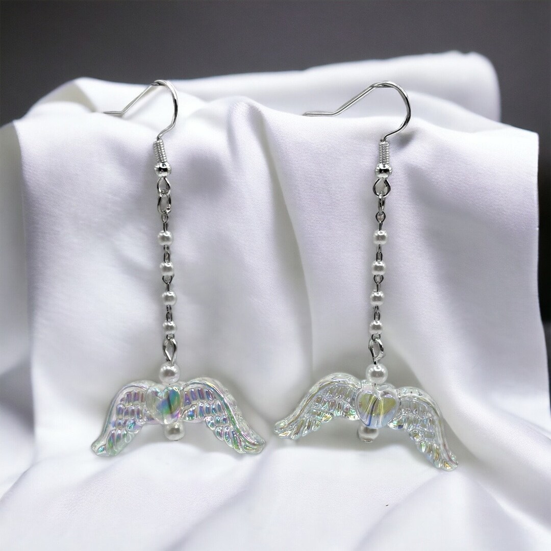 Iridescent Angel Wing Earrings With Faux Pearl Chain Angelcore Inspired ...