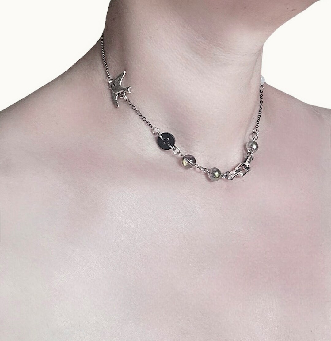 Mixed Metal Chain Necklace: Swallow, AB Glass Beads, Black Button - Etsy