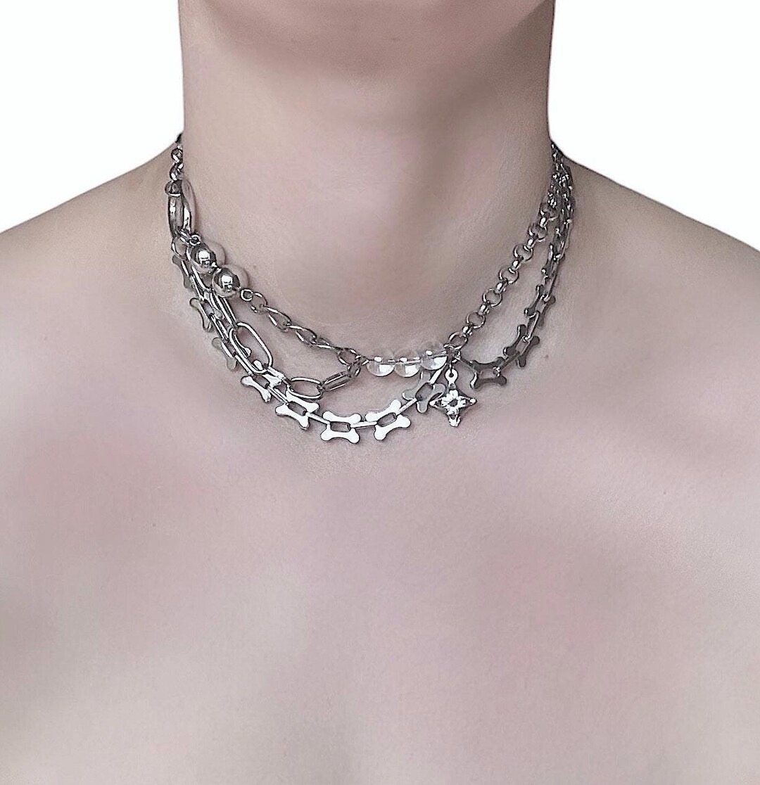 Grunge Layered Chunky Silver Chain Necklace With Glass Beads - Etsy