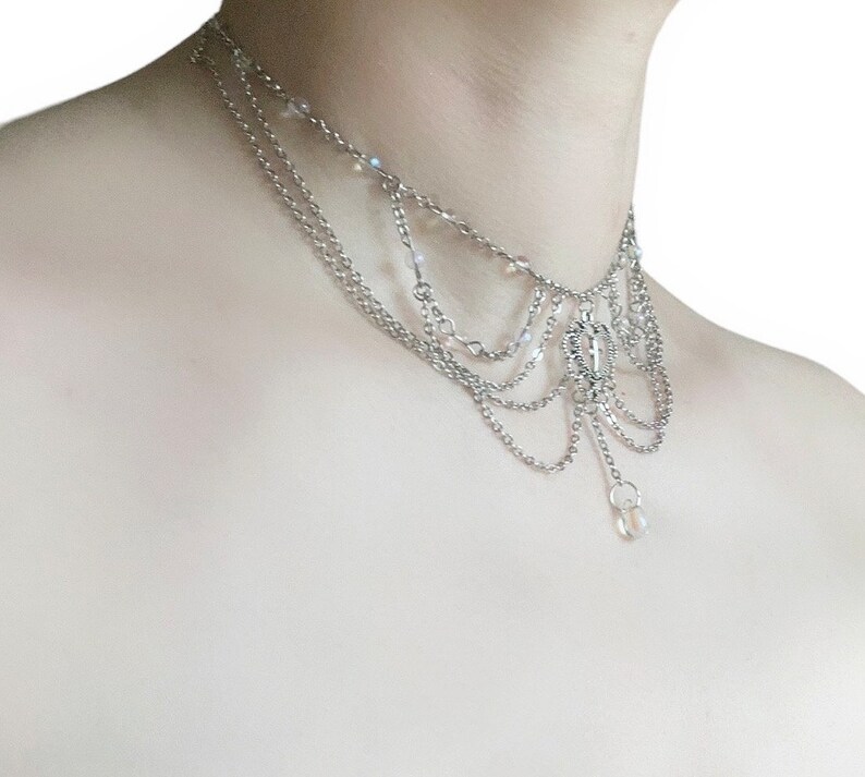 Silver Draped Chain Necklace With Iridescent Glass Beads a - Etsy