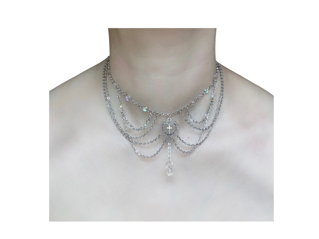 Silver Draped Chain Necklace With Iridescent Glass Beads a Cross Heart ...