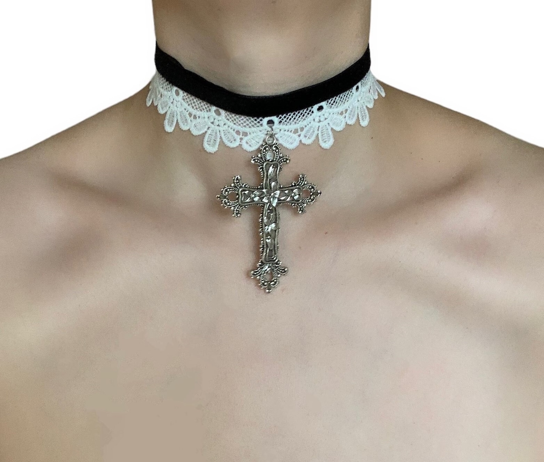 White Lace and Black Velvet Choker With Large Silver Cross Whimsygoth ...