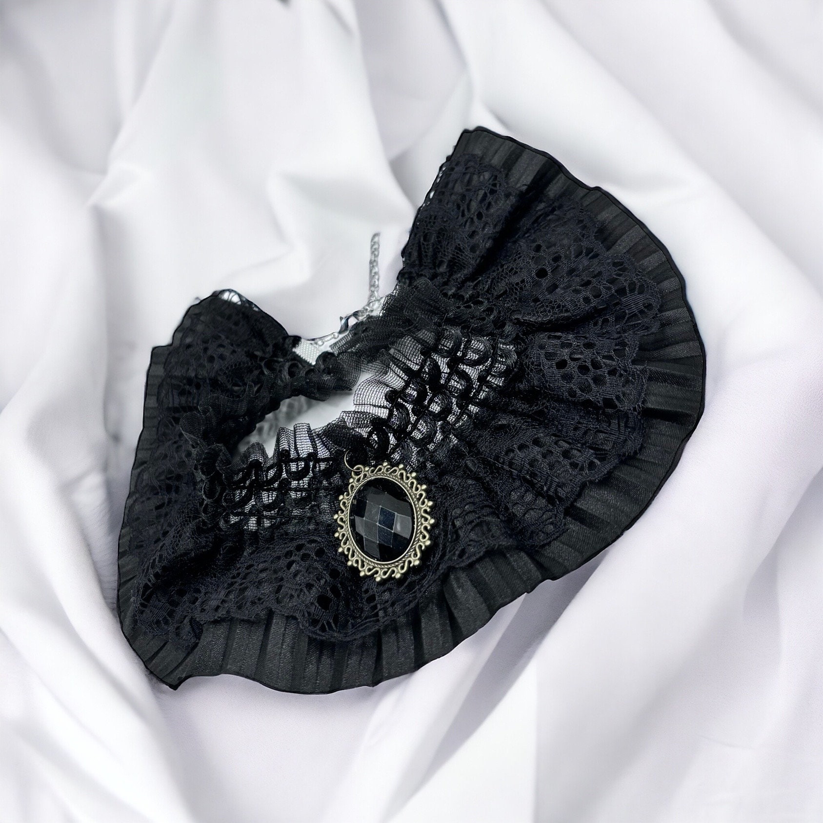 Black Stretch Pressed Pleated Lace Choker With a Black Faux Gem Pendant ...