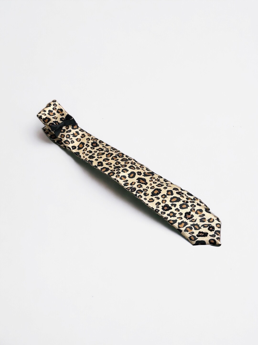 Leopard Print Slim Tie With Black Rhinestones and a Black Bow | Alt ...