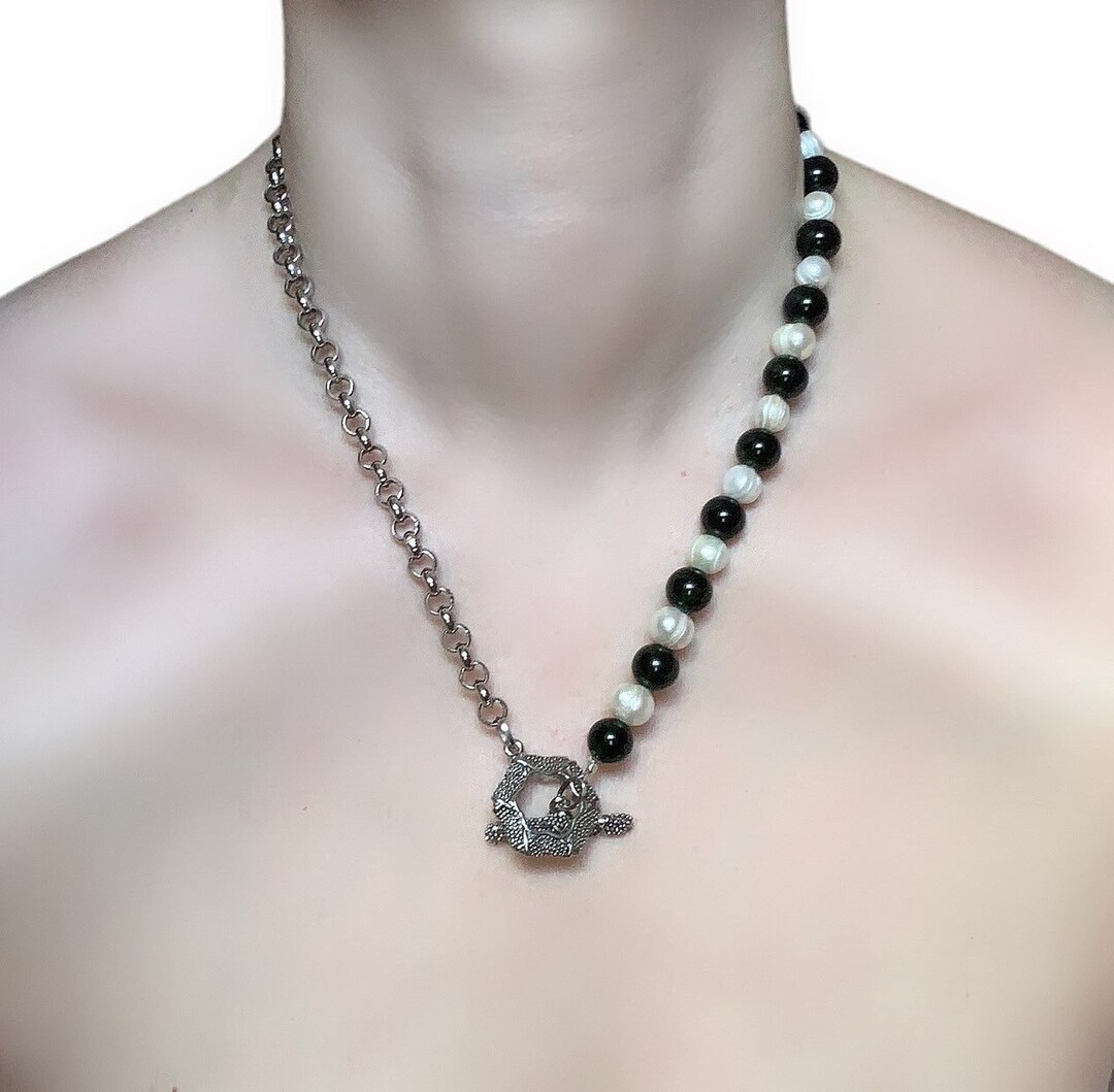 Half and Half Necklace With Chunky Silver Chain Real Pearls - Etsy