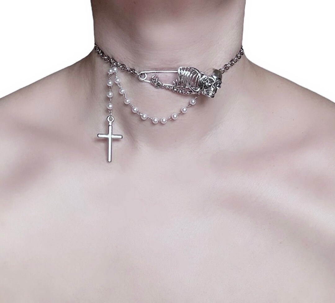 Skeleton Safety Pin Choker With Cross - Etsy