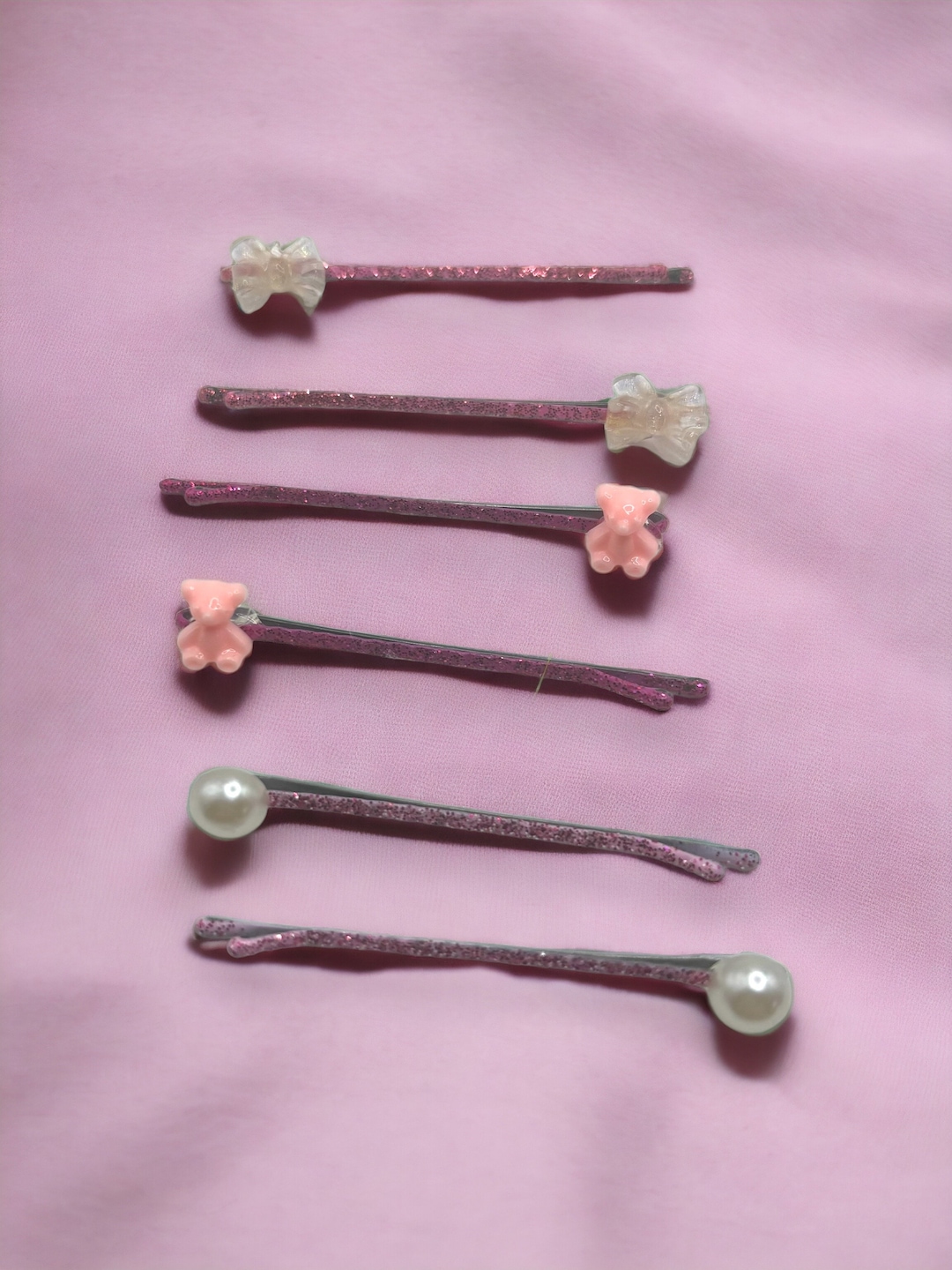 Pink Glitter Kirby Grips six in the Set With Bears, Bows and Pearl ...