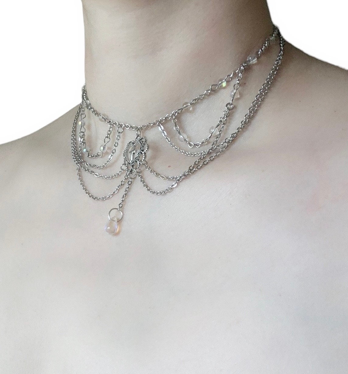 Silver Draped Chain Necklace With Iridescent Glass Beads a - Etsy