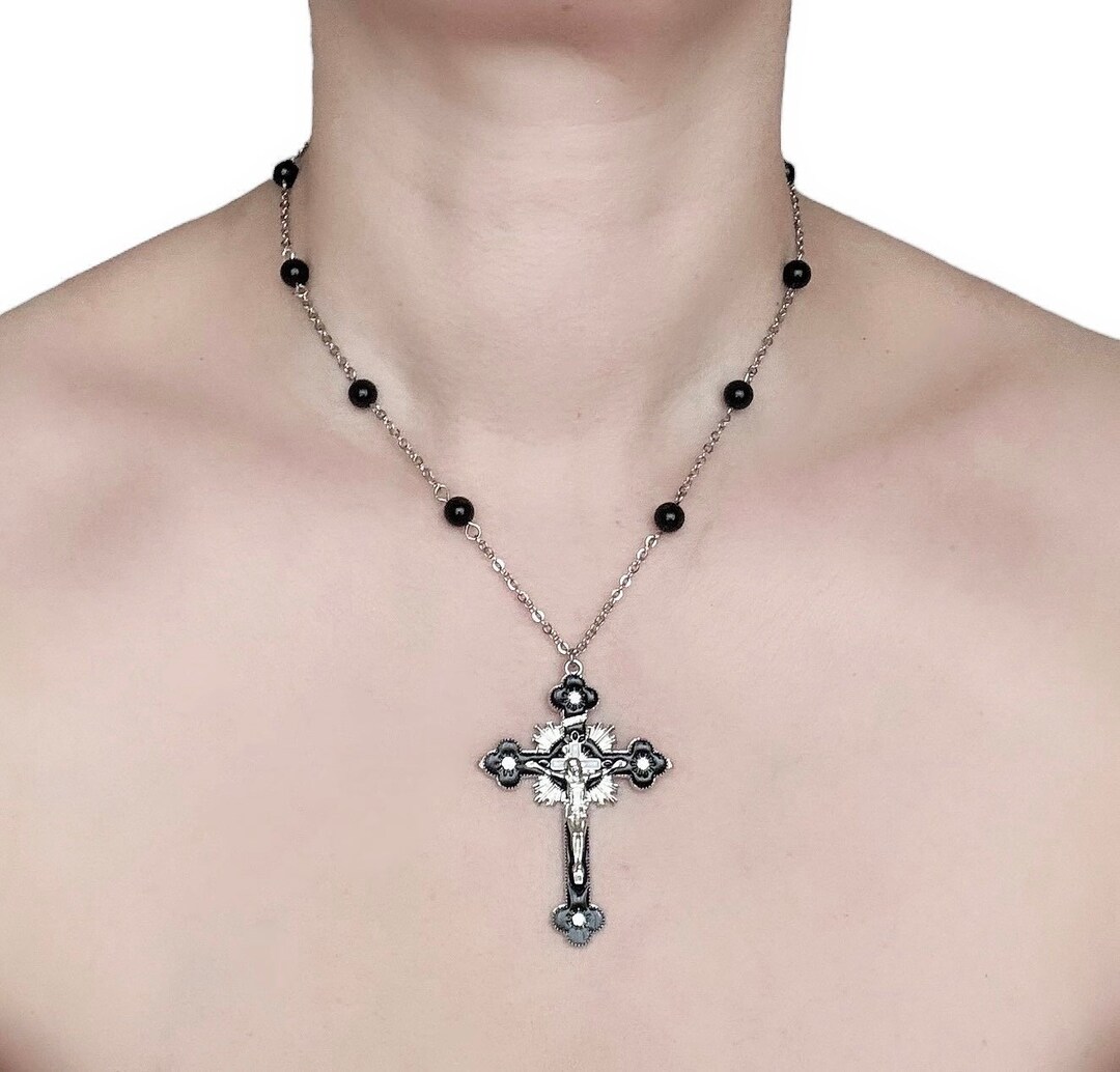 Large Silver and Back Crucifix Necklace With Obsidian Beads - Etsy