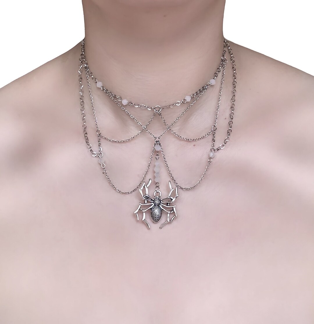 Spider Necklace With Draped Silver Chain and White Jade Glass Beads - Etsy