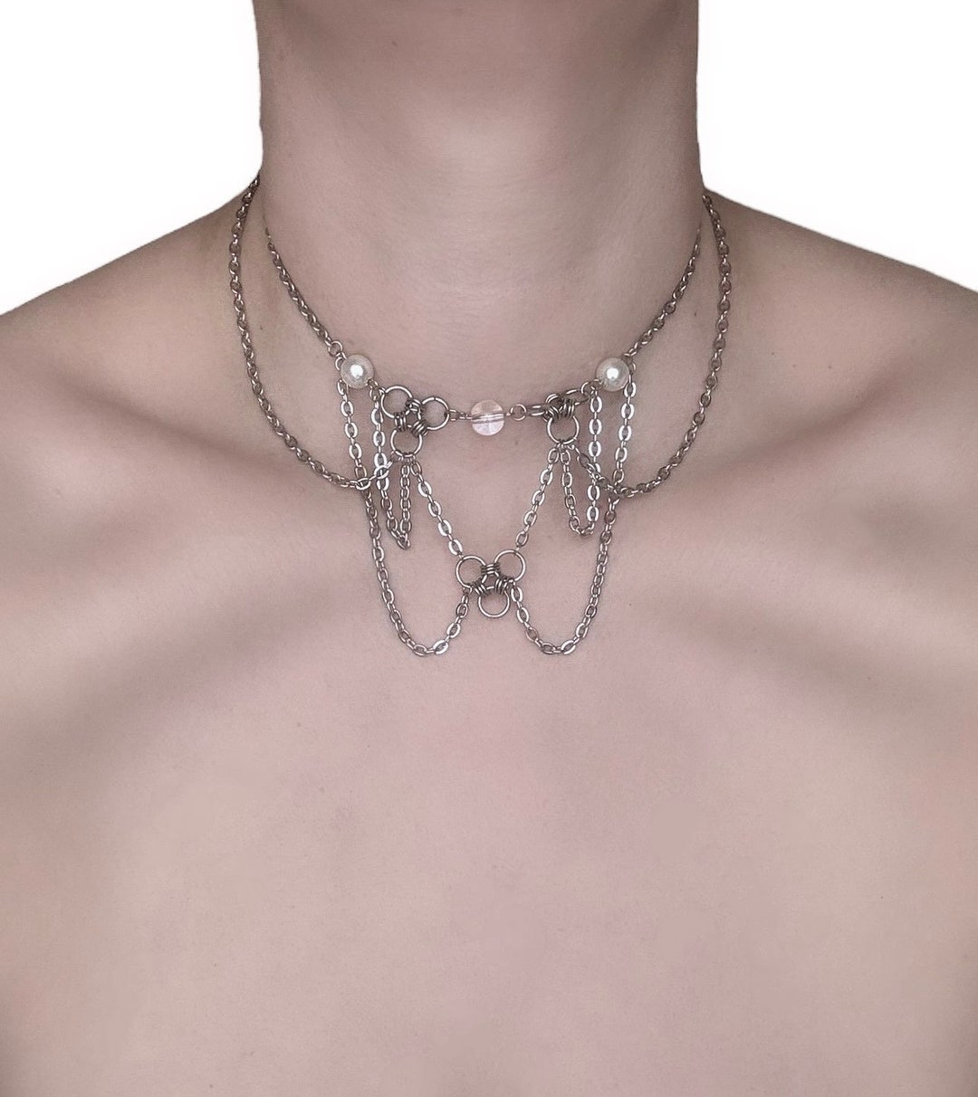 Silver Draped Chain Necklace With Heavy-duty O Rings, Baroque Pearls ...