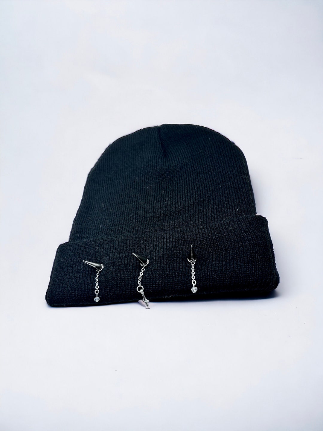 Black Beanie Hat Embellished With Spikes, Chains, Glass Beads and a ...