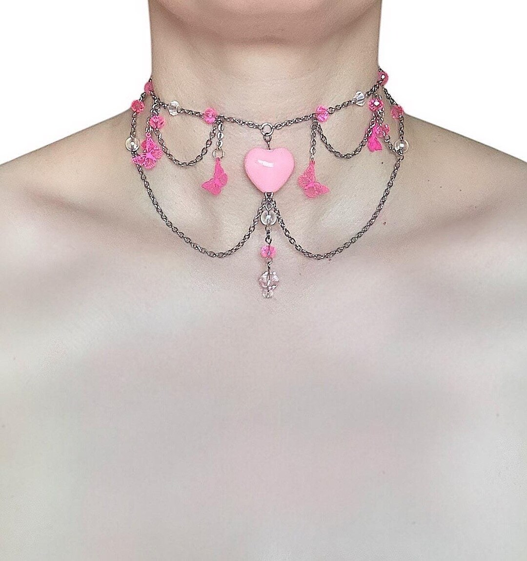 Draped Chain Choker With a Pink Heart, Glass Beads and Pink Butterflies ...