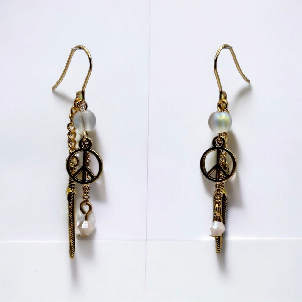 Peace Sign Feather and Glass Bead Earrings Bohemian - Etsy