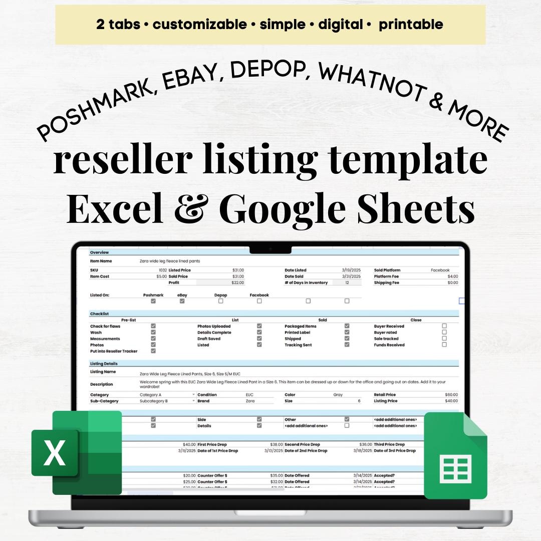 Reseller Listing Template, Ebay Listing, Reselling Listing Tracker ...