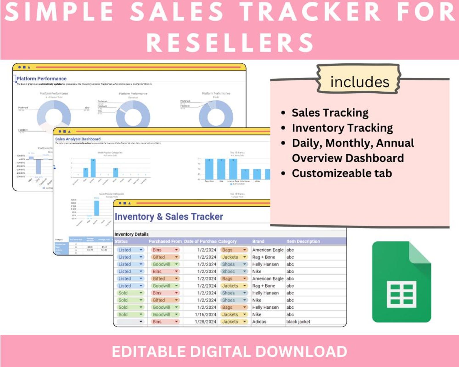 Reseller Inventory and Sales Spreadsheet Business Tracker for Google ...