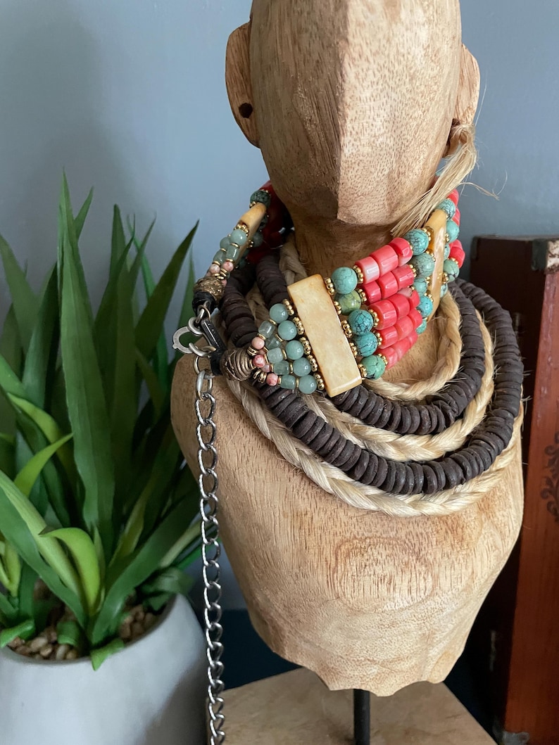 Vintage Masha Archer Beaded Five Strand Gold Turquoise, Coral and Shell ...