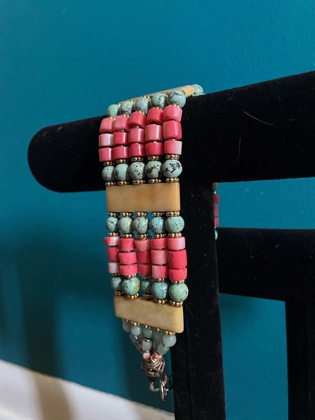 Vintage Masha Archer Beaded Five Strand Gold Turquoise, Coral and Shell ...