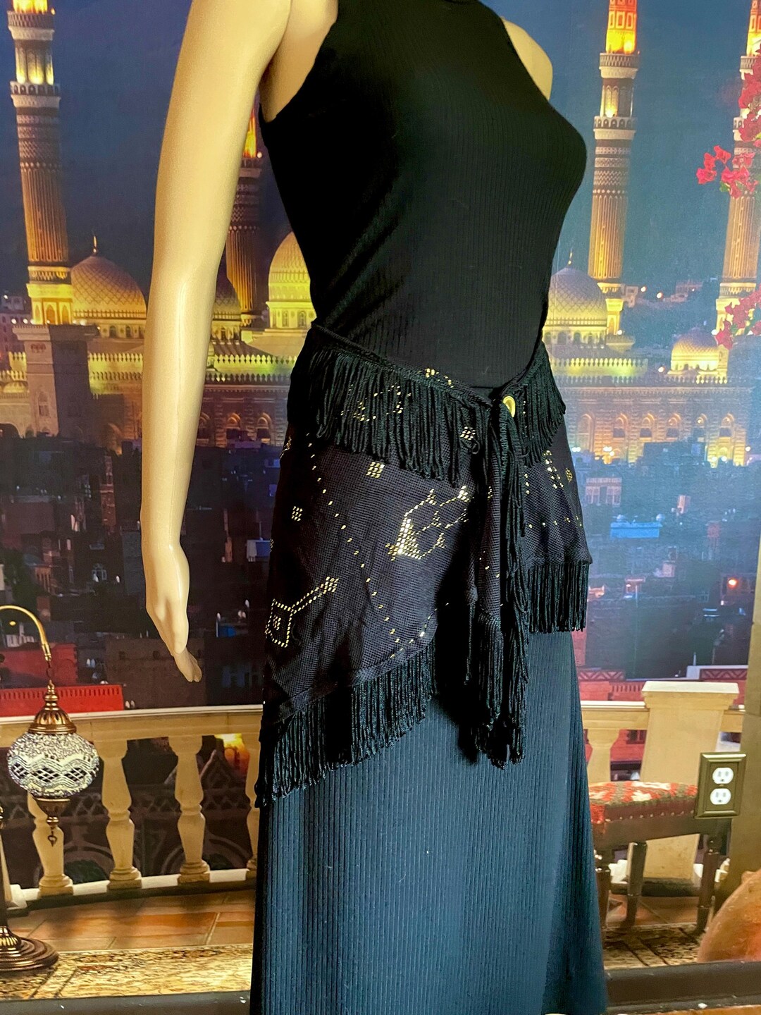 Egyptian Assuit Hip Scarf With GOLD Motif ,FRINGE Lightweight Headscarf ...