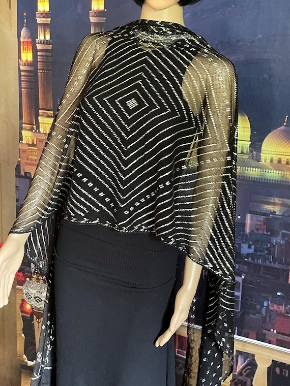 Egyptian Vintage Assuit Shawl PERFECT Black Silver 1… - Gem