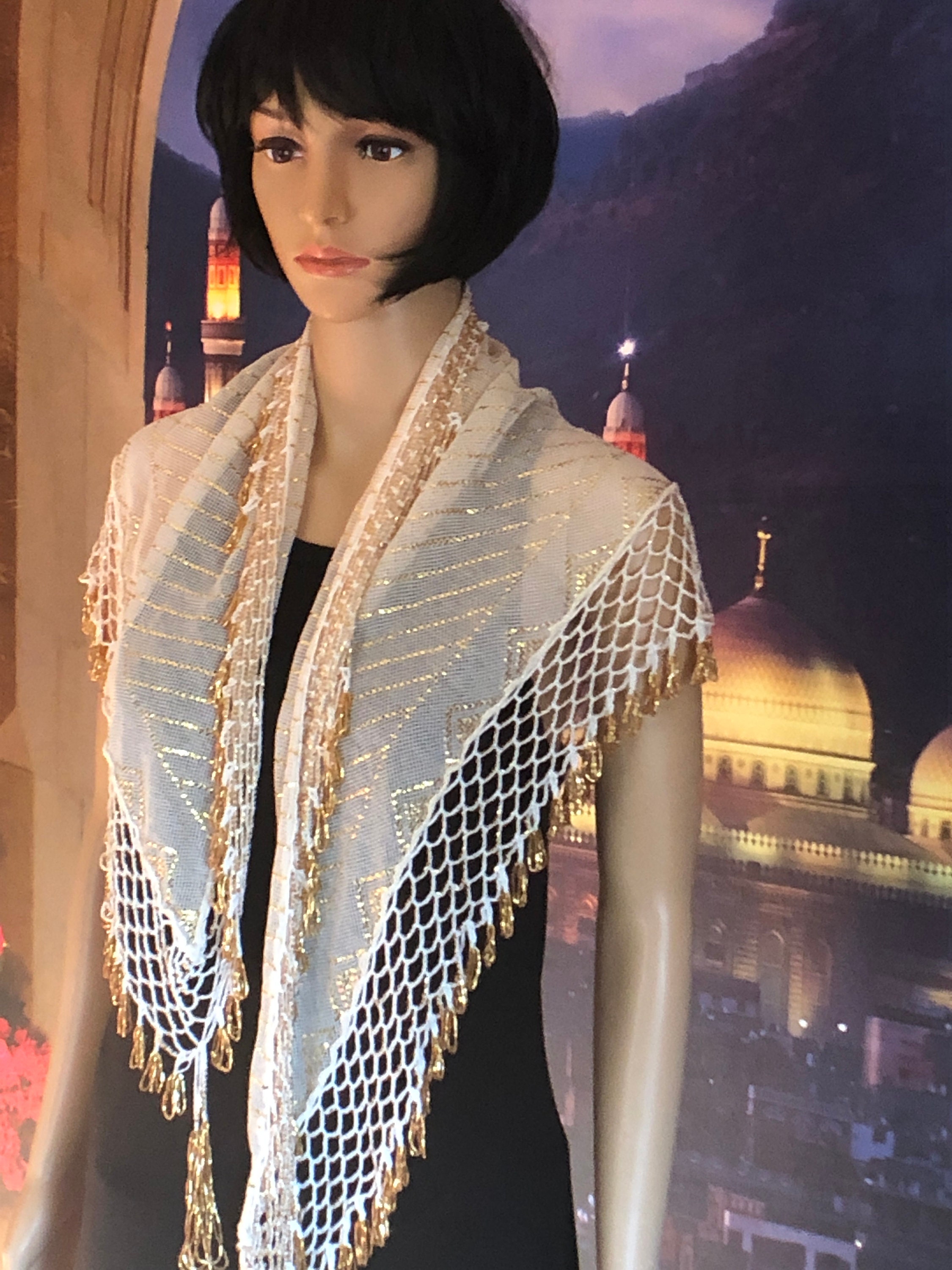 Egyptian Assuit Gold Striped on White Hipscarf , Beaded and Crocheted ...