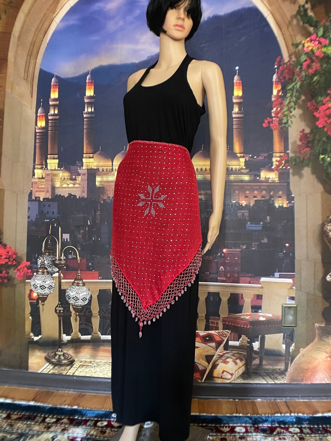 Red Egyptian Assuit Triangle Hip Scarf /scarf With SILVER Assuit ...