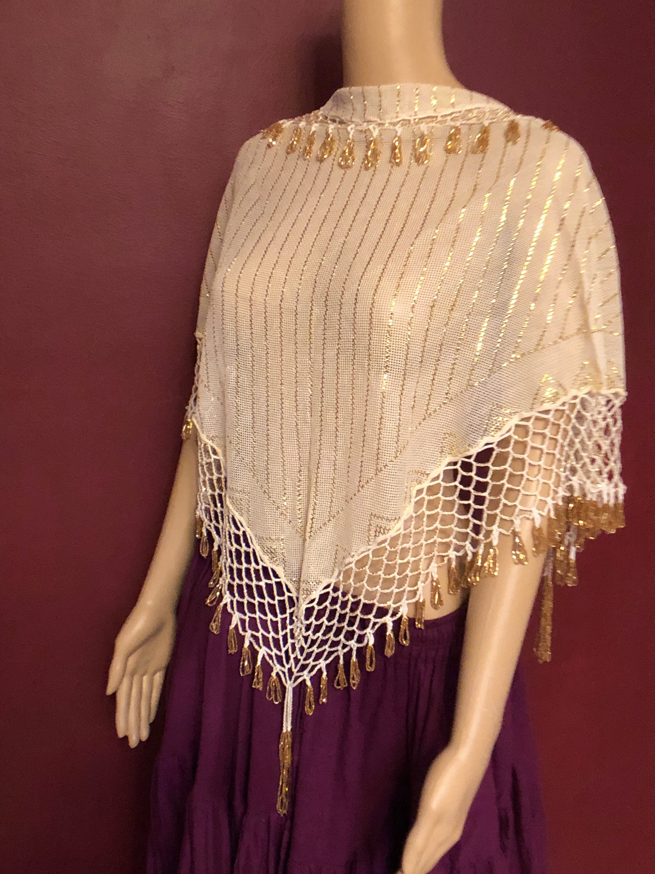 Egyptian Assuit Gold Striped on White Hipscarf , Beaded and Crocheted ...