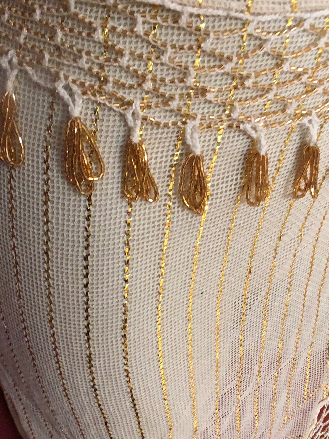 Egyptian Assuit Gold Striped on White Hipscarf , Beaded and Crocheted ...