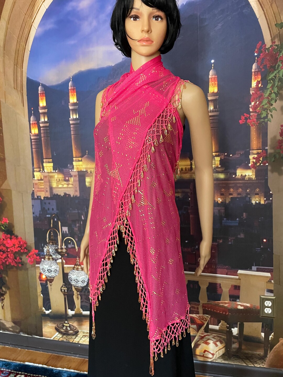 Egyptian Assuit PINK With GOLD Beaded Shawl/ Pink Gold Rectangular ...