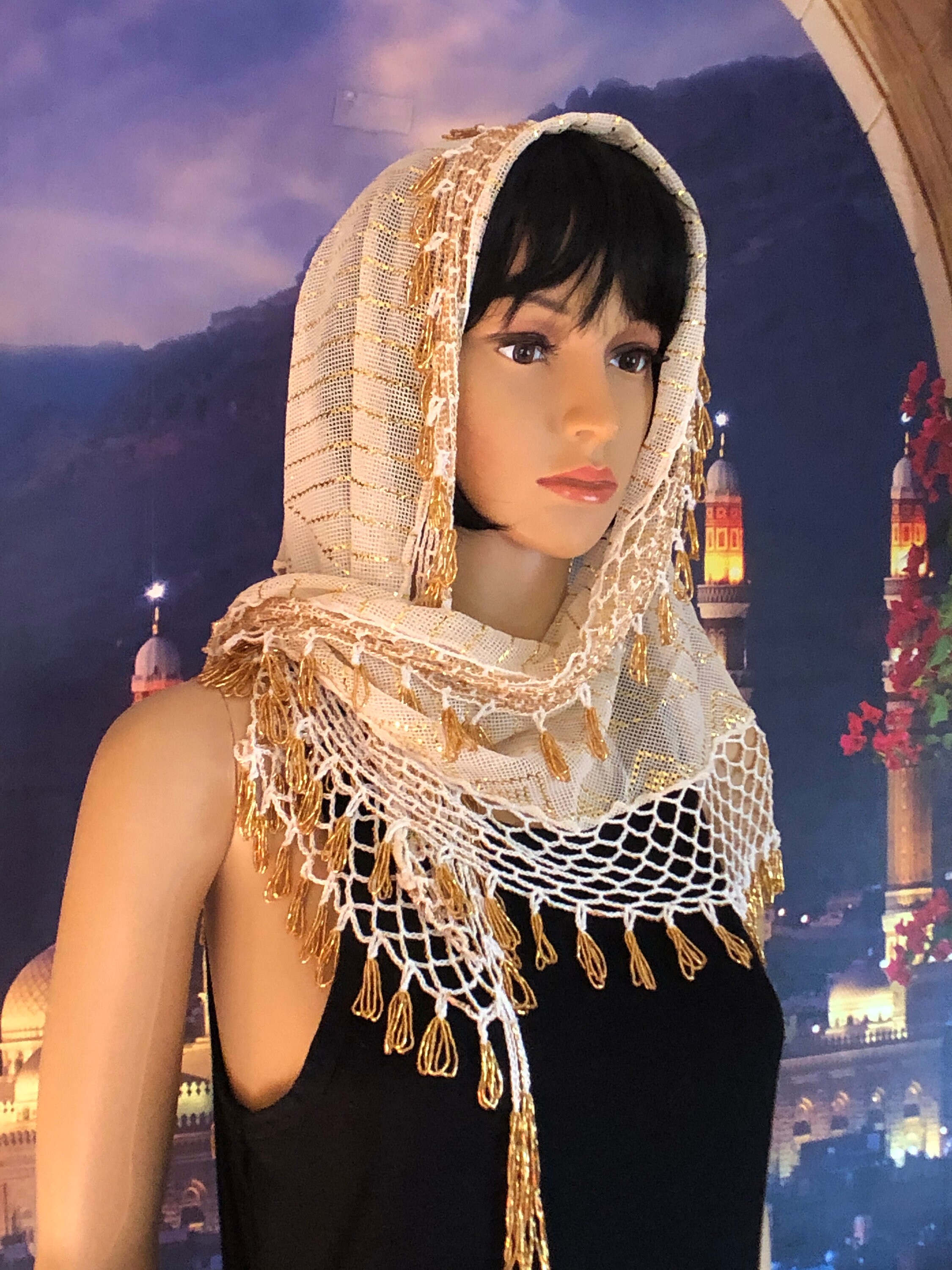 Egyptian Assuit Gold Striped on White Hipscarf , Beaded and Crocheted ...