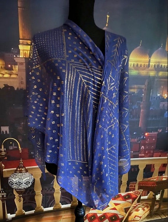 INDIGO GOLD Vintage Egyptian Assuit Wedding Shawl 19… - Gem