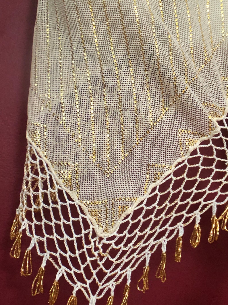 Egyptian Assuit Gold Striped on White Hipscarf , Beaded and Crocheted ...