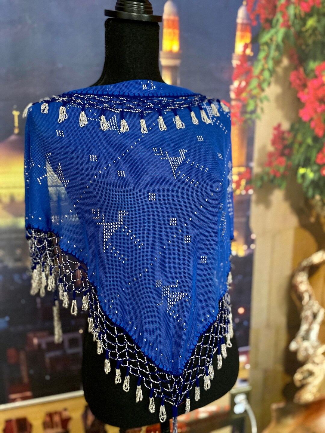 Royal Blue Egyptian Assuit Beaded/crochet Scarf Hip Scarf With Bright ...