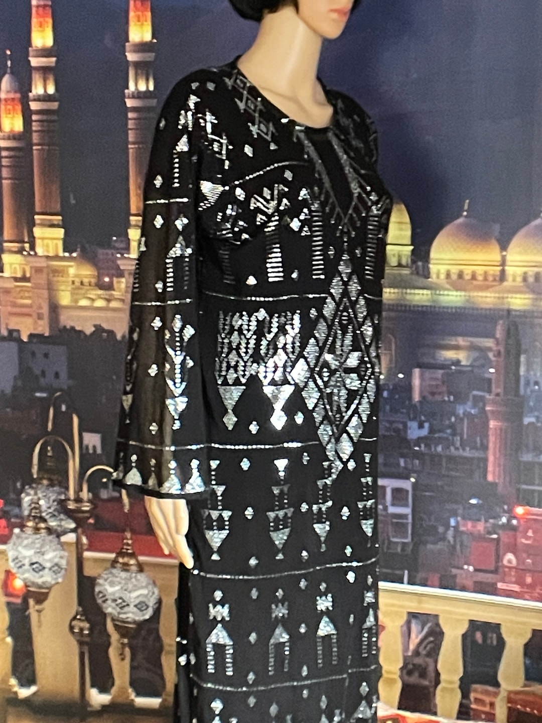 Deluxe Silver Black Egyptian Assuit Dress/galabeya/tunic/bellydance ...