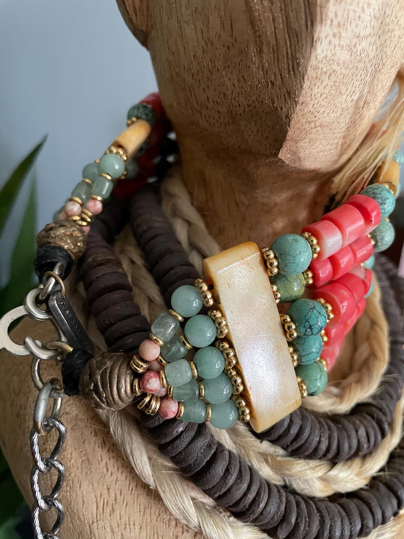 Vintage Masha Archer Beaded Five Strand Gold Turquoise, Coral and Shell ...
