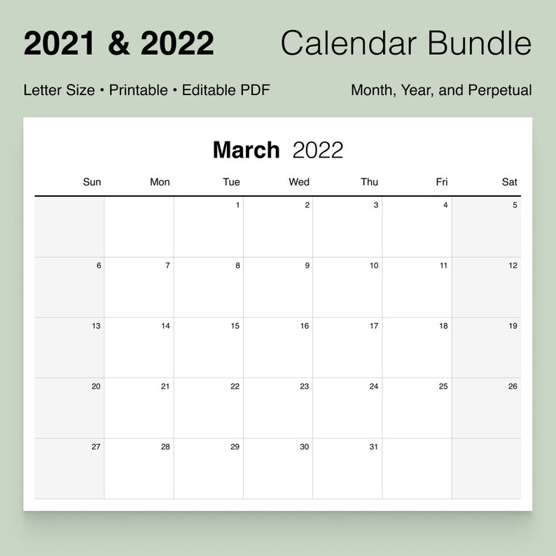 2021 2022 Calendar Bundle Printable Editable Monthly Calendars ...