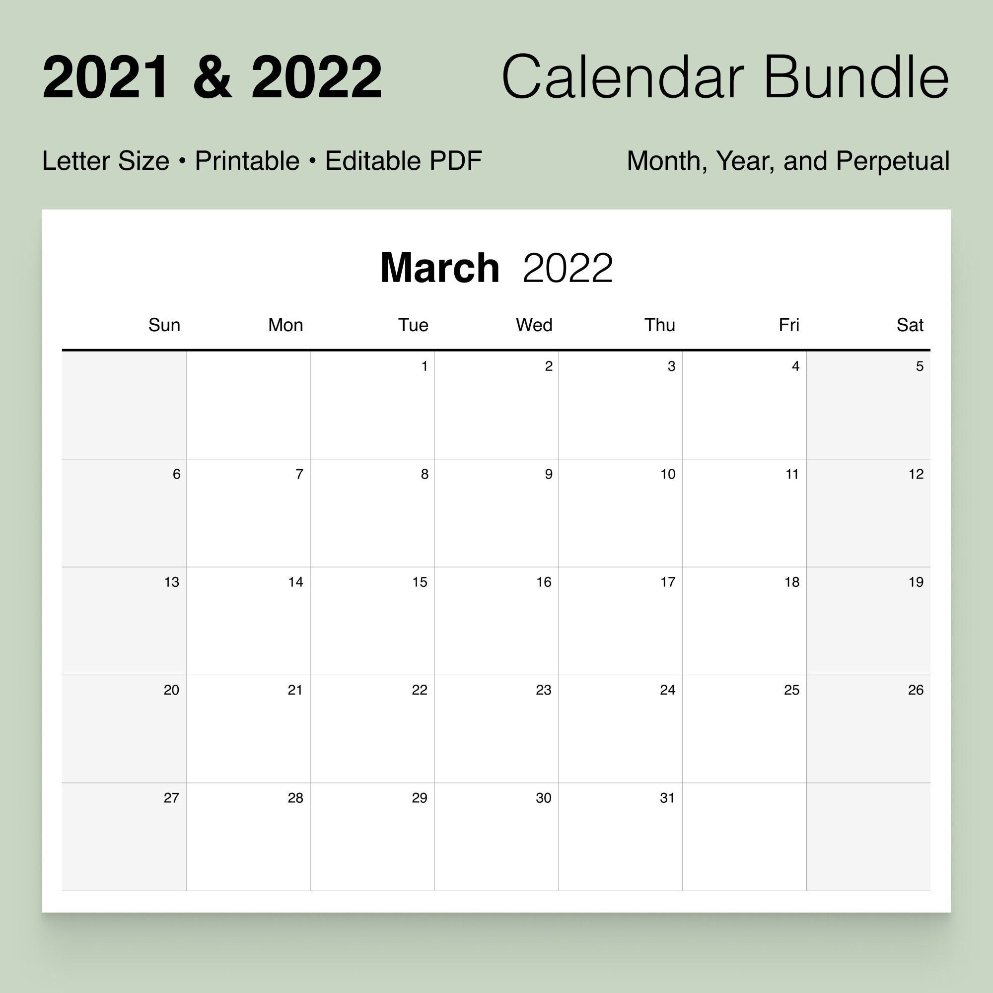2021 2022 Calendar Bundle Printable Editable Monthly Calendars ...
