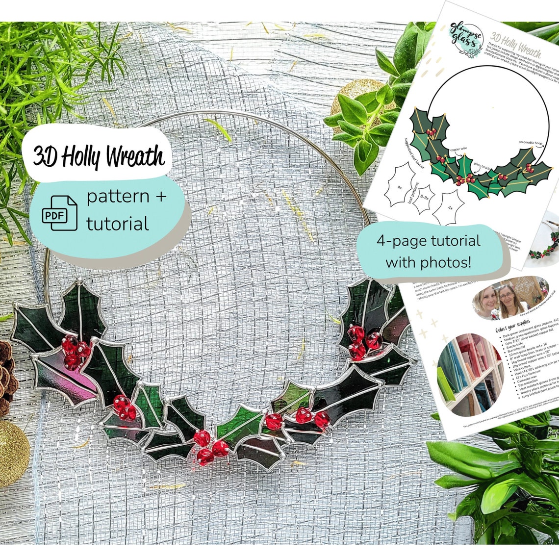 Holly Wreath Stained Glass Pattern and Tutorial DIGITAL Download Glass ...