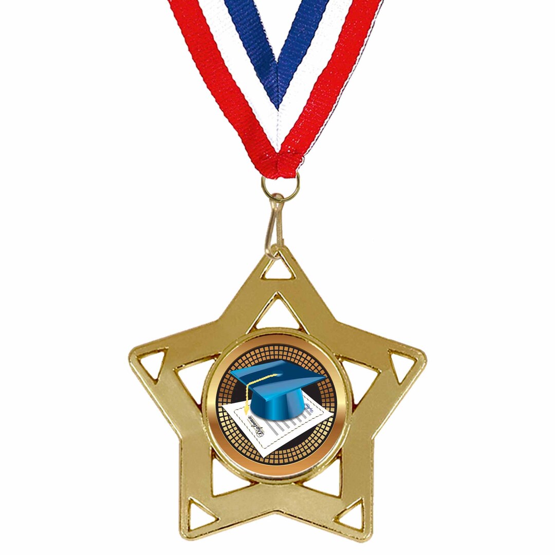 Gold Star Graduation School Leaver Medal 60mm With Ribbon FREE DELIVERY ...
