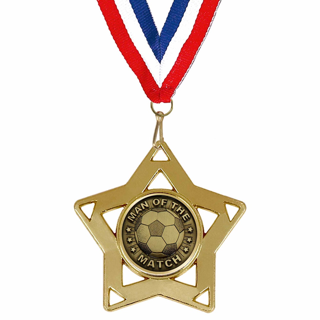 Gold Star Man of the Match Football Medal 60mm With Ribbon FREE ...