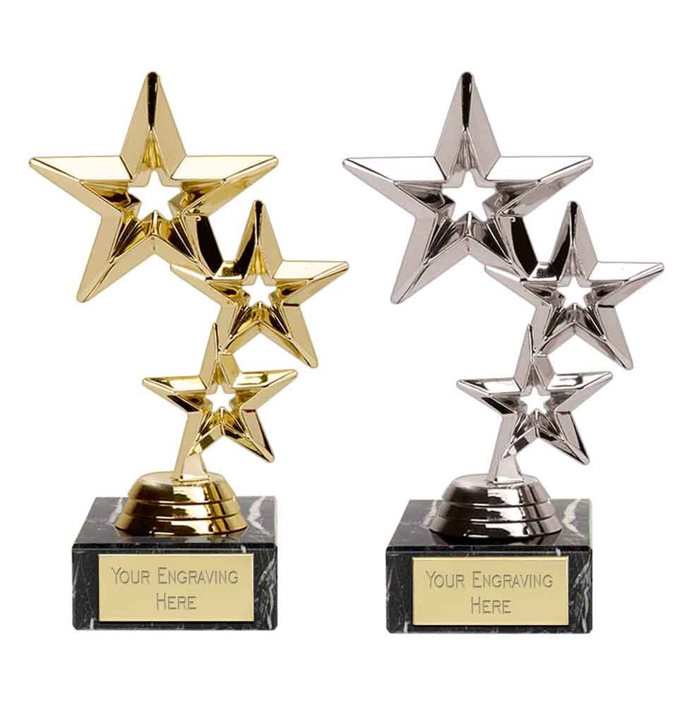 Gold or Silver Triple Star Stars Engraved Trophy Award 20cm (8") FREE ...